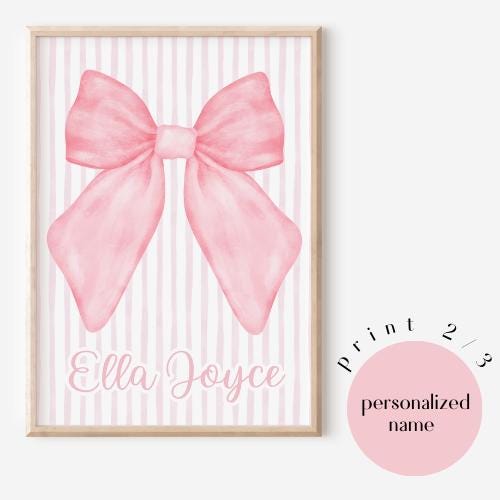 Pink Bow Watercolor Custom Initial Name Art, Custom Pink Bow Wall Art ...