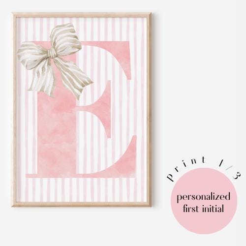 Pink Bow Watercolor Custom Initial Name Art, Custom Pink Bow Wall Art ...