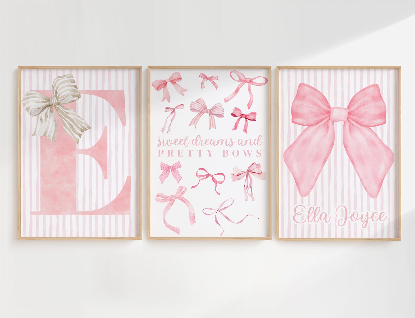 Pink Bow Watercolor Custom Initial Name Art, Custom Pink Bow Wall Art ...