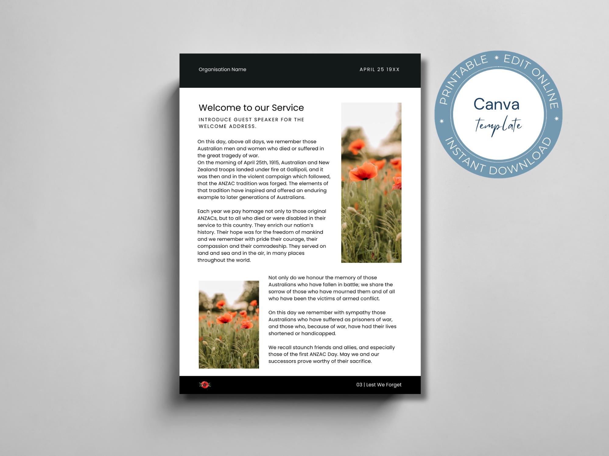 ANZAC Day Order of Service Template | Editable Canva Program | A4 & A5 ...