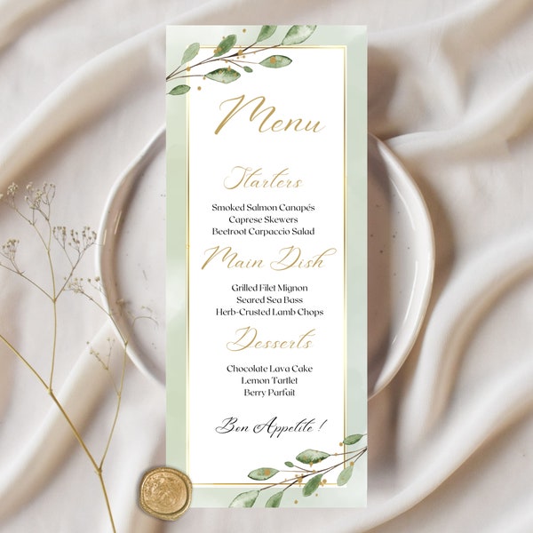 Eucalyptus Wedding Menu Template, Greenery Wedding Reception Menu Card ...
