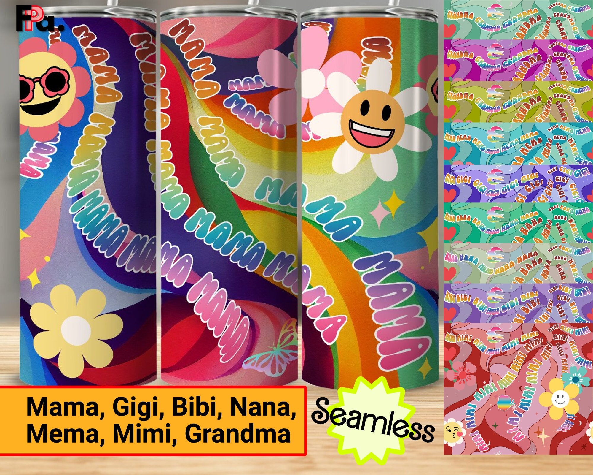 Mama Bibi Gigi Nana Mimi Mema Grandma Tumbler Wrap Bundle, 20oz Retro ...