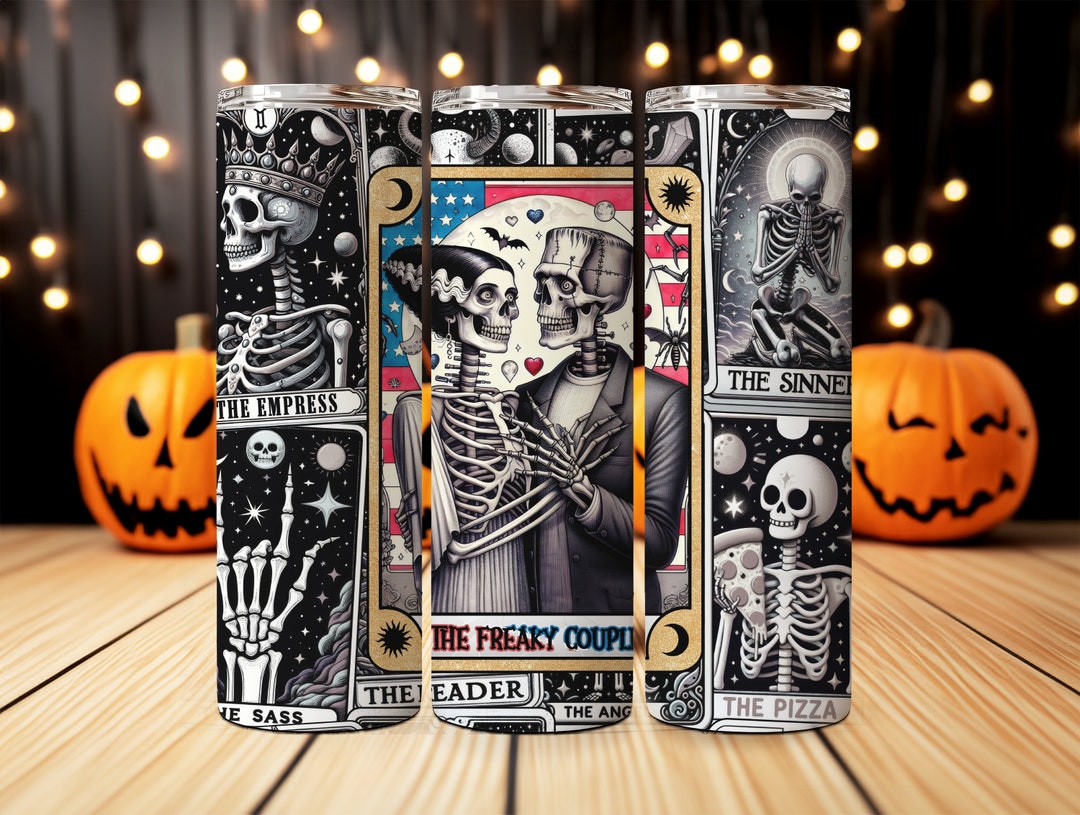 Frankenstein & Bride Tarot Cards Halloween Tumbler Wrap, Freaky Couple ...