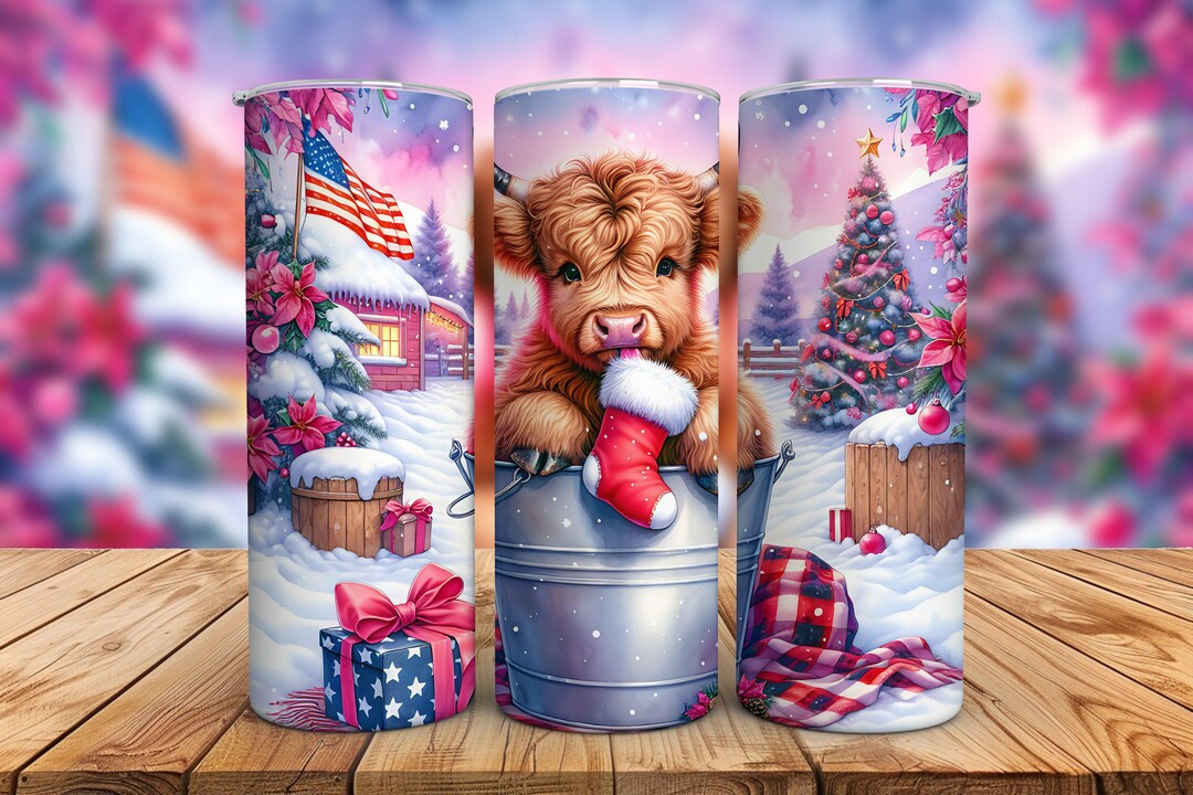 Pink Purple Baby Highland Cow Christmas Tumbler Wrap, Pastel 20oz ...