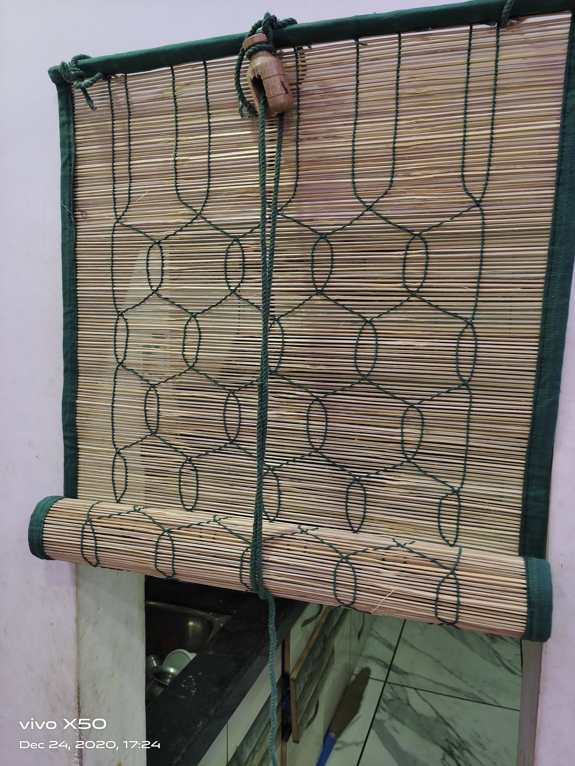 Natural Color Bamboo Cross Thread Design Blind Shade Green Thread ...