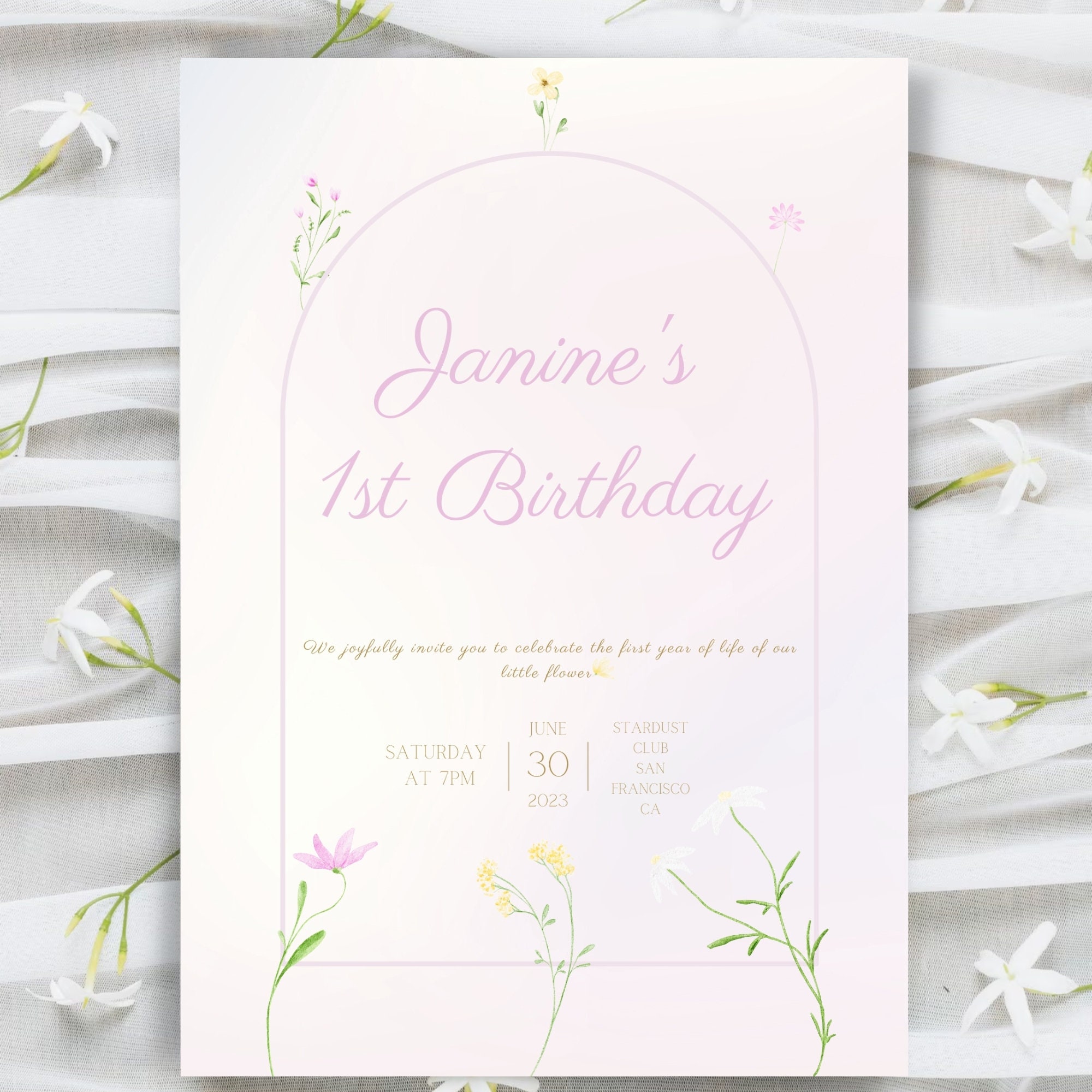 1st Year Birthday Party Invitation Template With Watercolor Lilac ...