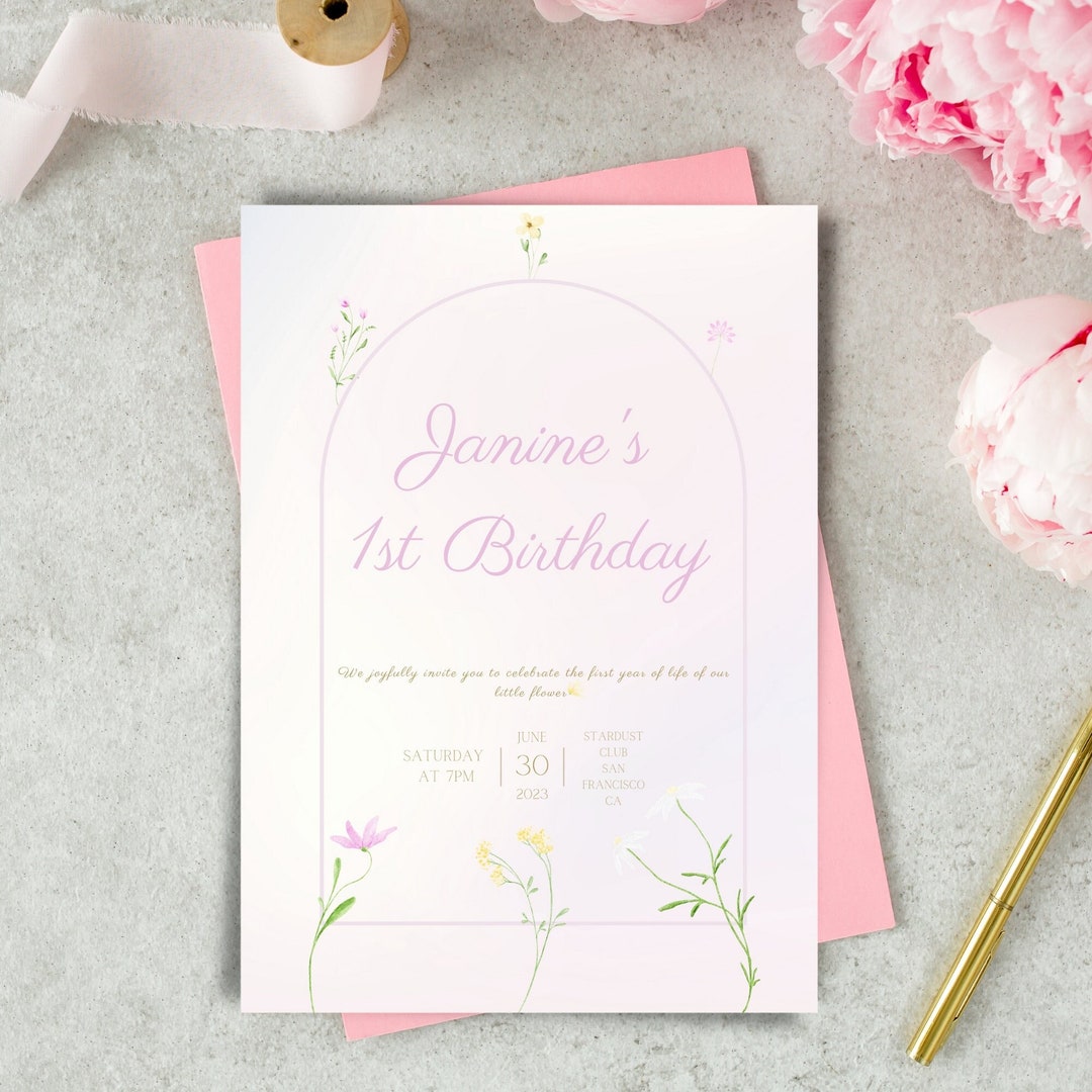 1st Year Birthday Party Invitation Template With Watercolor Lilac ...