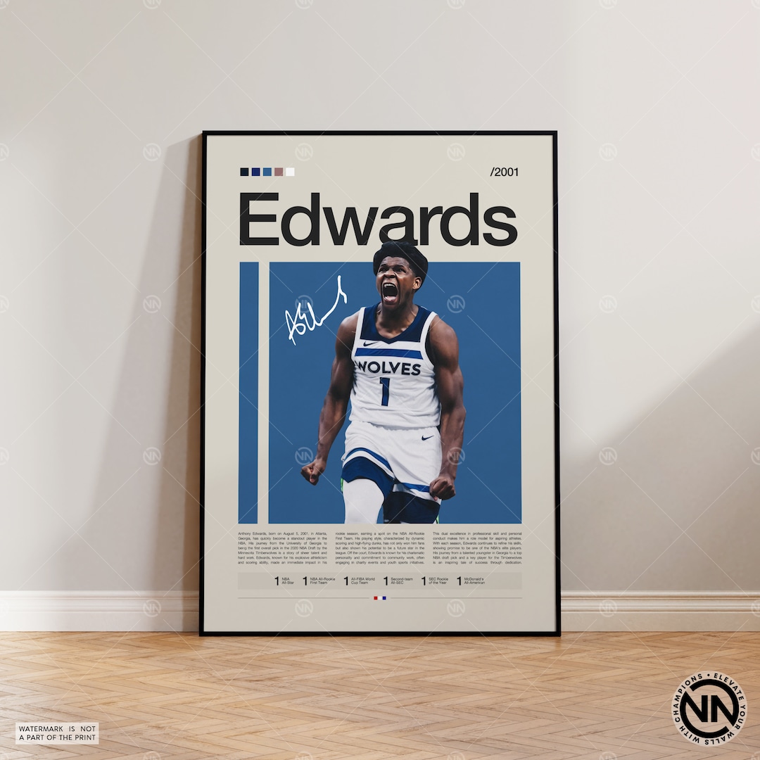 Anthony Edwards Poster, Timberwolves Print, NBA Poster, Sports Poster, Mid Century Modern, NBA ...