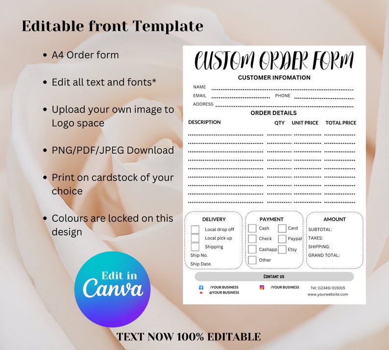 Editable Order Form Template, Modern Order Form, Small Business Forms, Modern Printable Order ...
