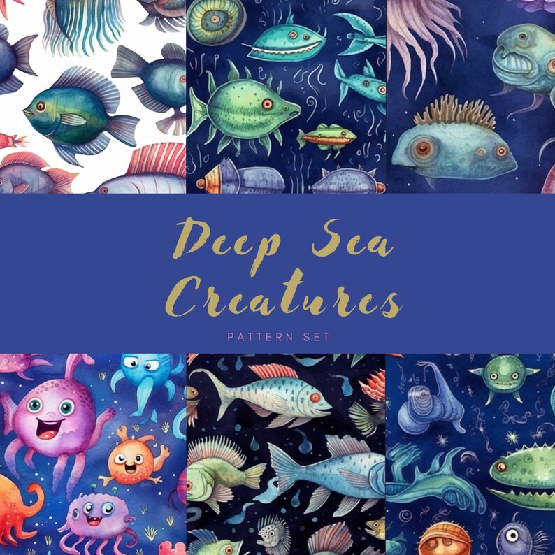 Deep Sea Creatures Seamless Watercolor Pattern Set - Etsy