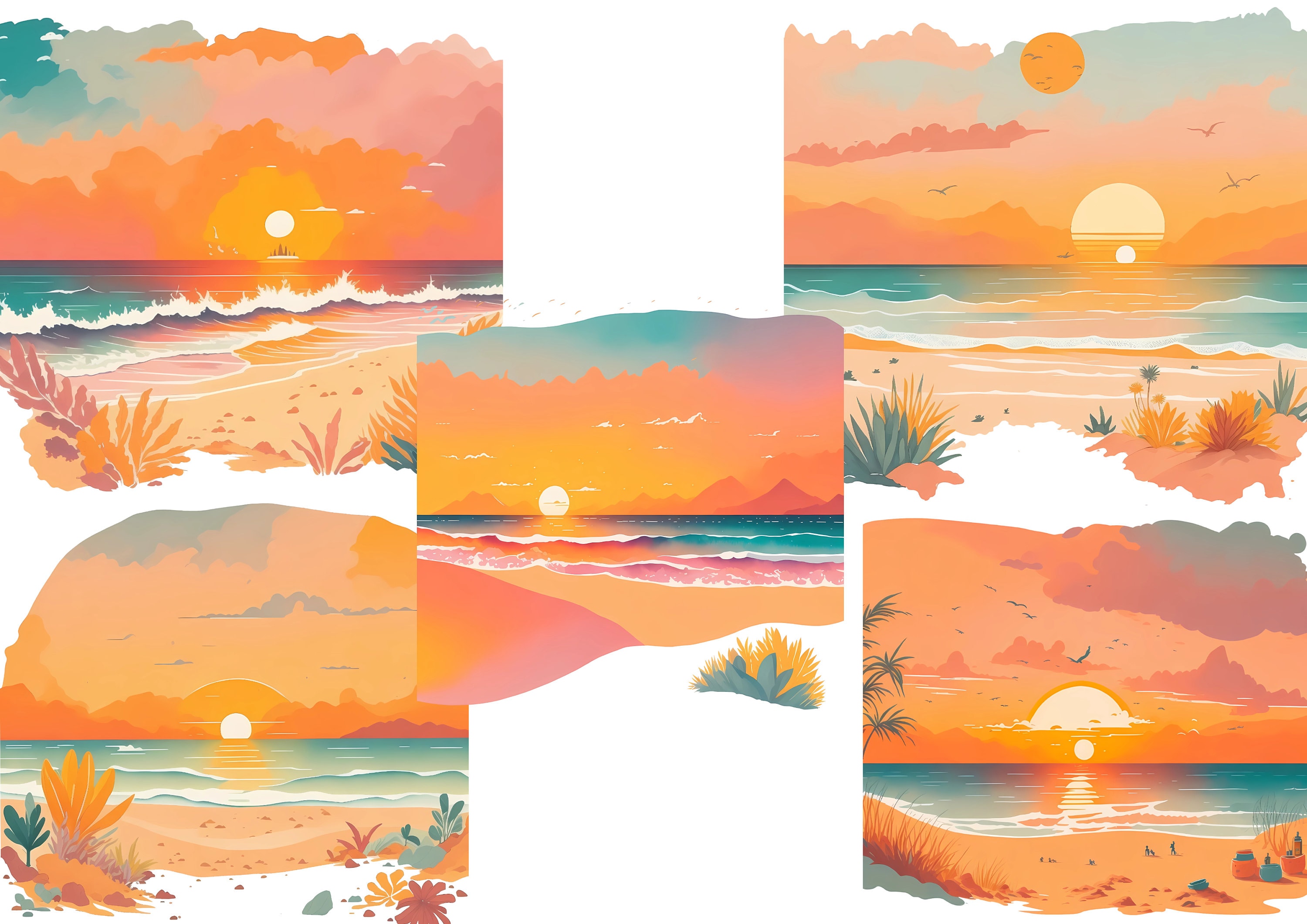 Watercolor Beach Sunset Clipart Bundle Tropical Ocean Etsy