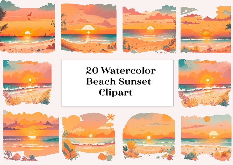Watercolor Beach Sunset Clipart Bundle Tropical Ocean Etsy