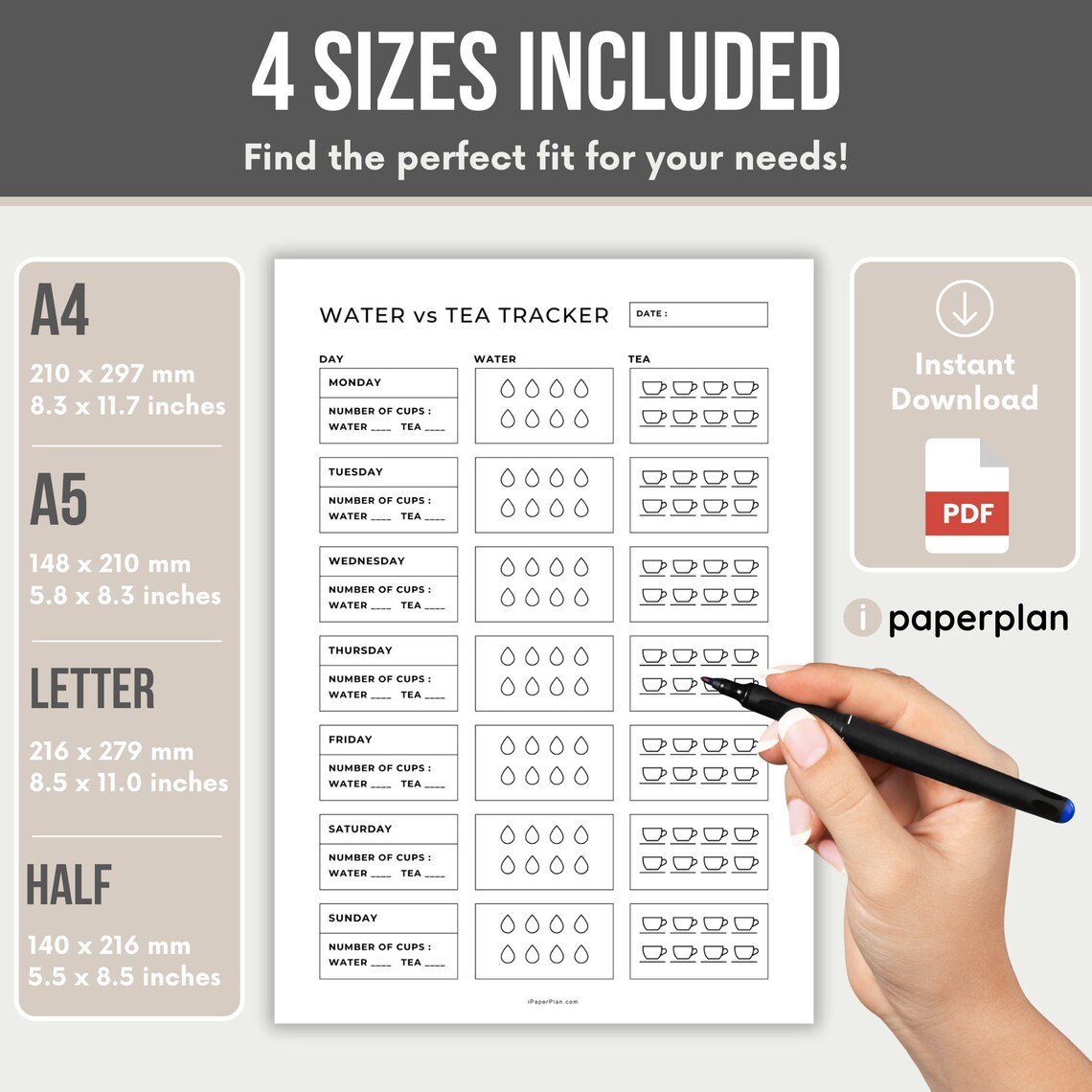 Weekly Water Hydration Tracker Printable & Fillable, Water Vs Tea ...