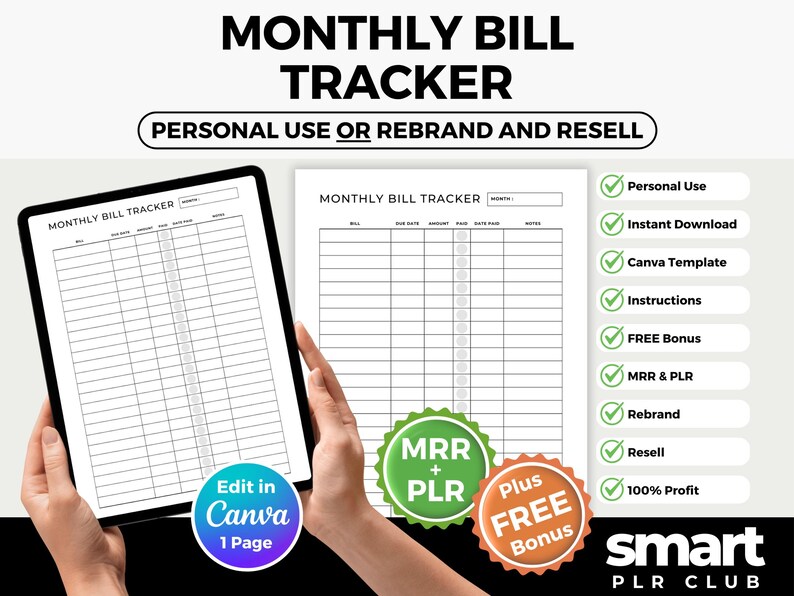 Monthly Bill Tracker Printable | Editable Canva PLR Template | Rebrand ...