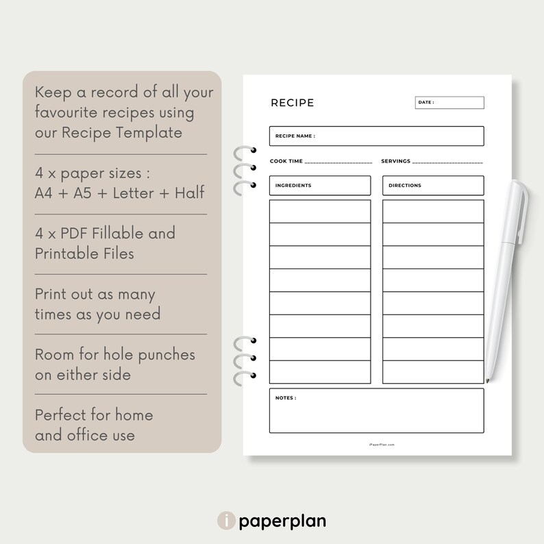 Recipe Book Template Printable, Blank Recipe Page, Cook Book Journal ...