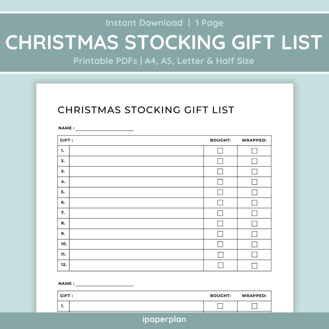 Printable Christmas Stocking Gift List, Holiday Gift Planner, Stocking ...