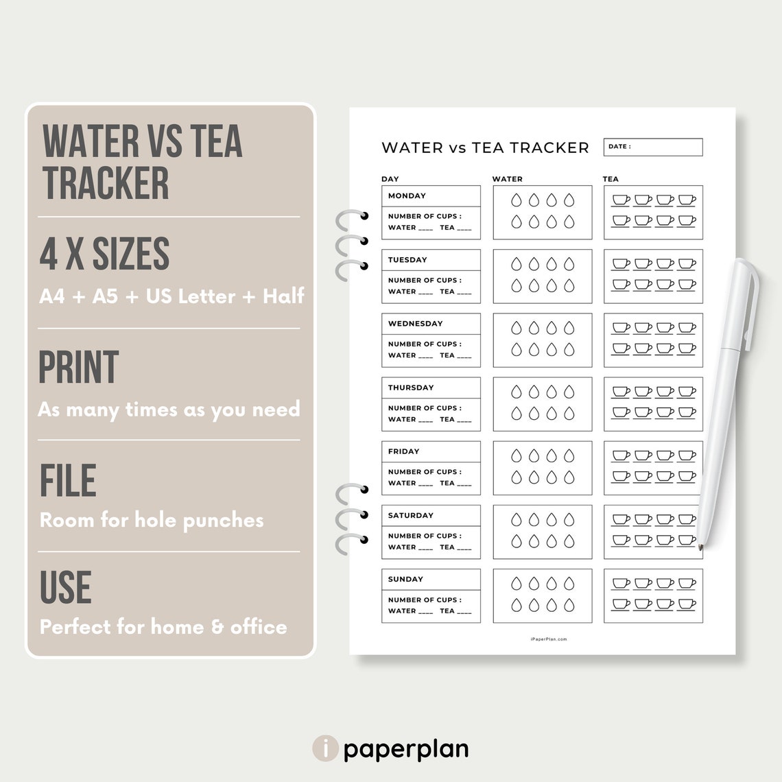 Weekly Water Hydration Tracker Printable & Fillable, Water Vs Tea ...