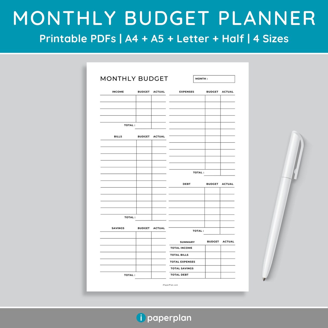 Printable Monthly Budget Planner, Expense Tracker, Financial Organiser ...