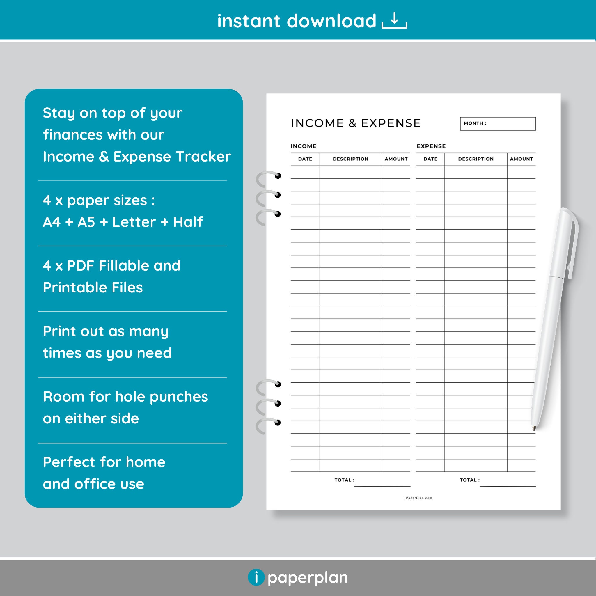 Printable Income and Expense Tracker, Finance Planner, Spending Log ...