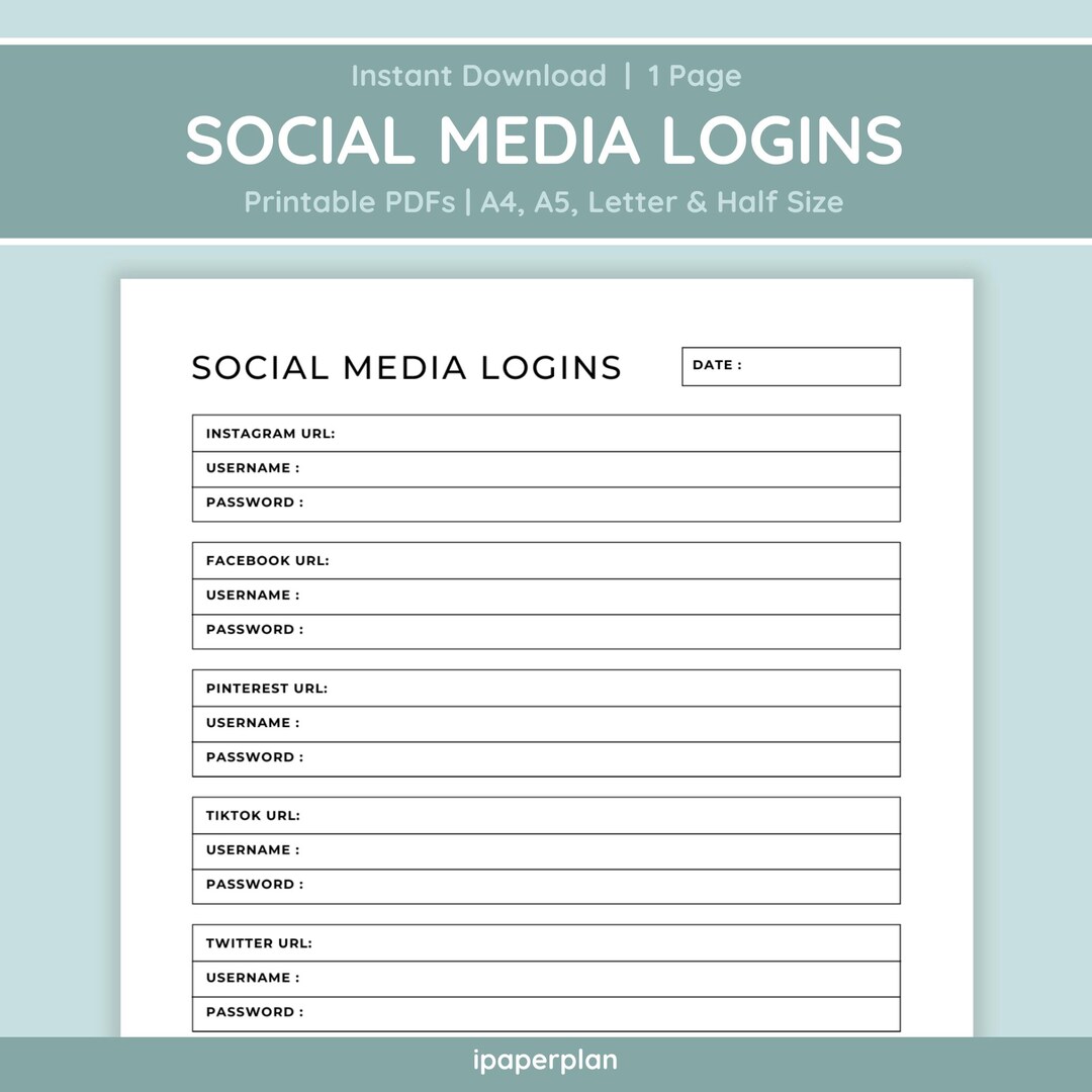 Social Media Login Tracker Printable PDF, Login Tracker, Password ...