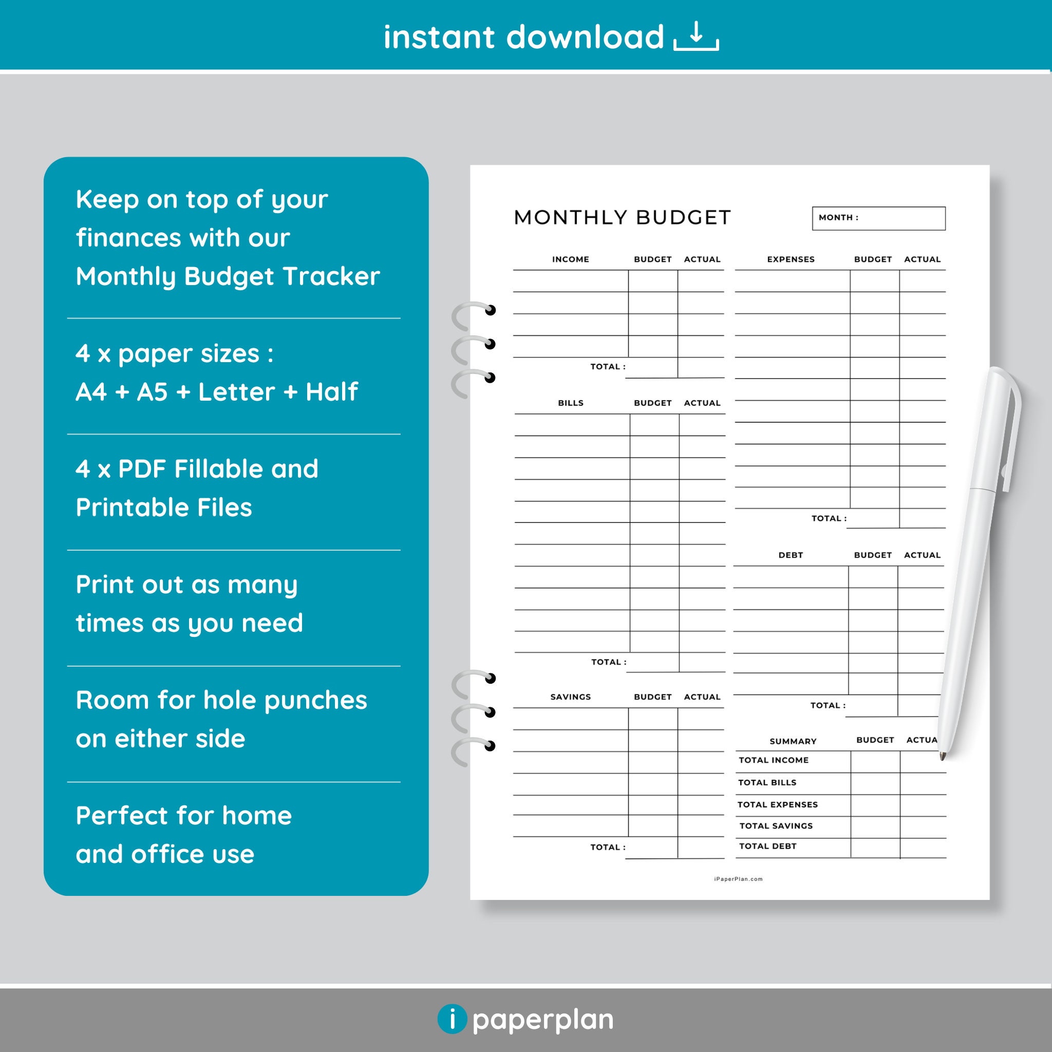Printable Monthly Budget Planner, Expense Tracker, Financial Organiser ...