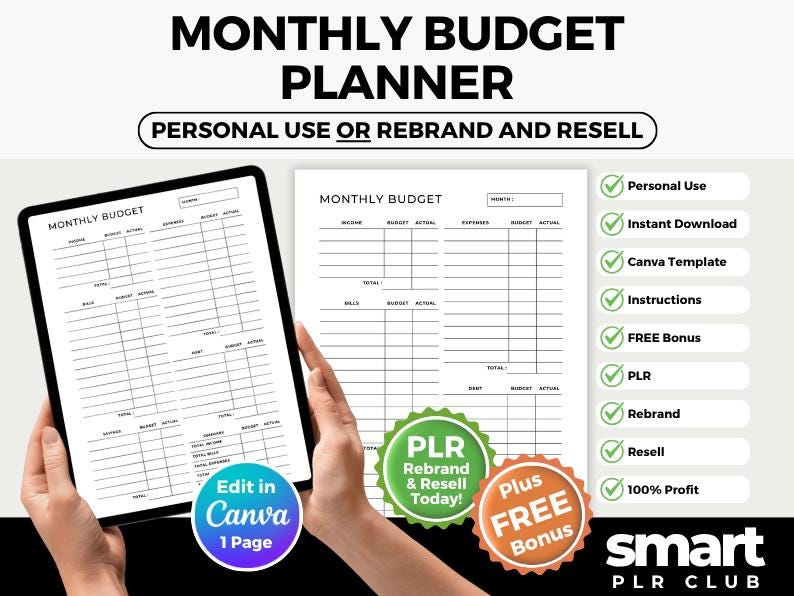 Monthly Budget Planner Printable | Editable Canva PLR Template ...