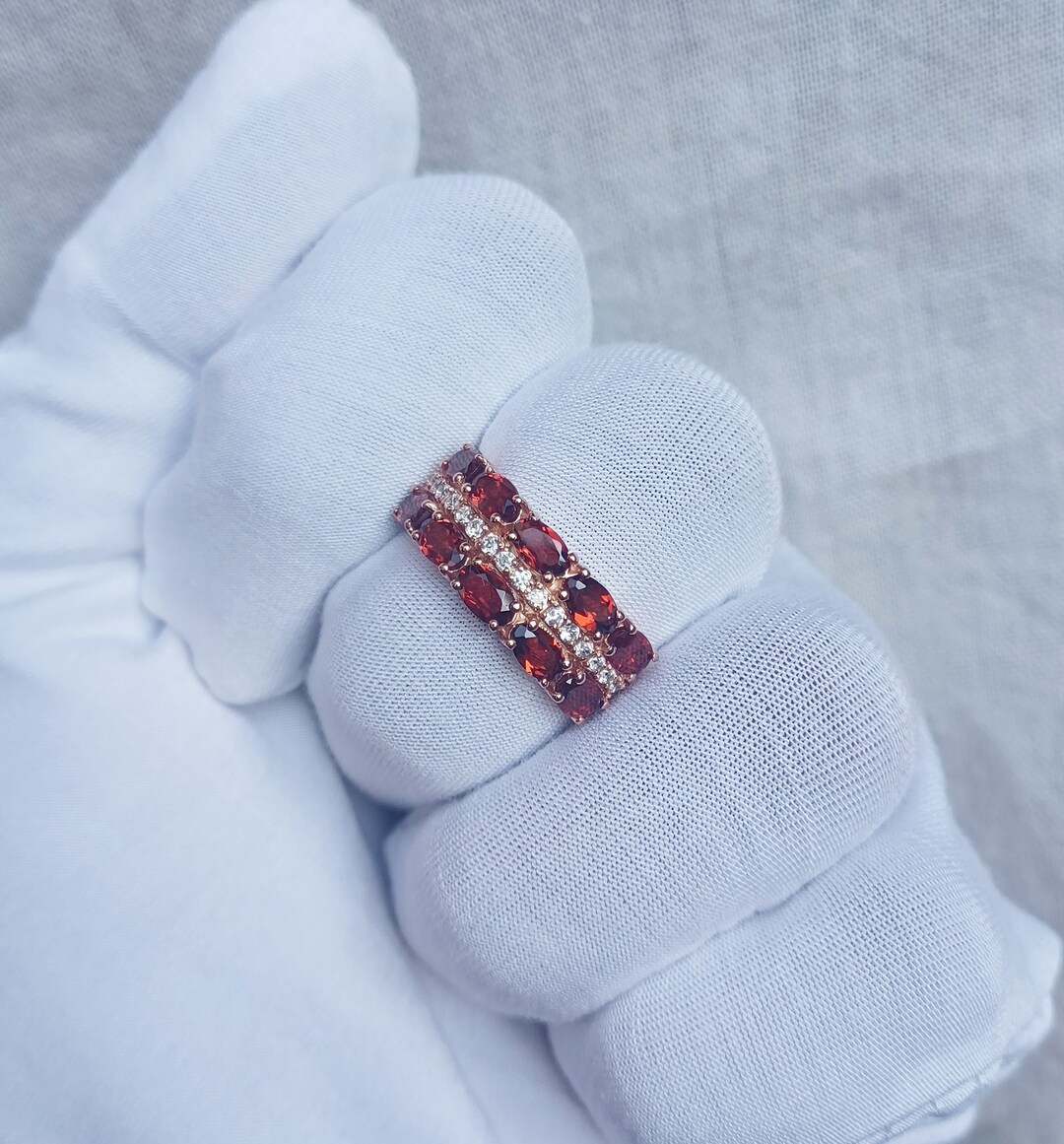 Red Garnet Band Ring, 14K Gold Ring, Garnet Half Band Ring, Garnet ...