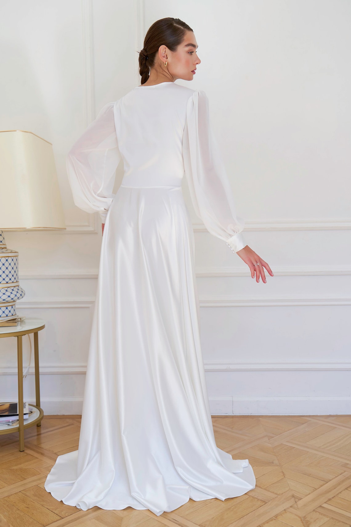 White Bridal Robe for Bride Long Bride Robe With Train Wedding Satin ...