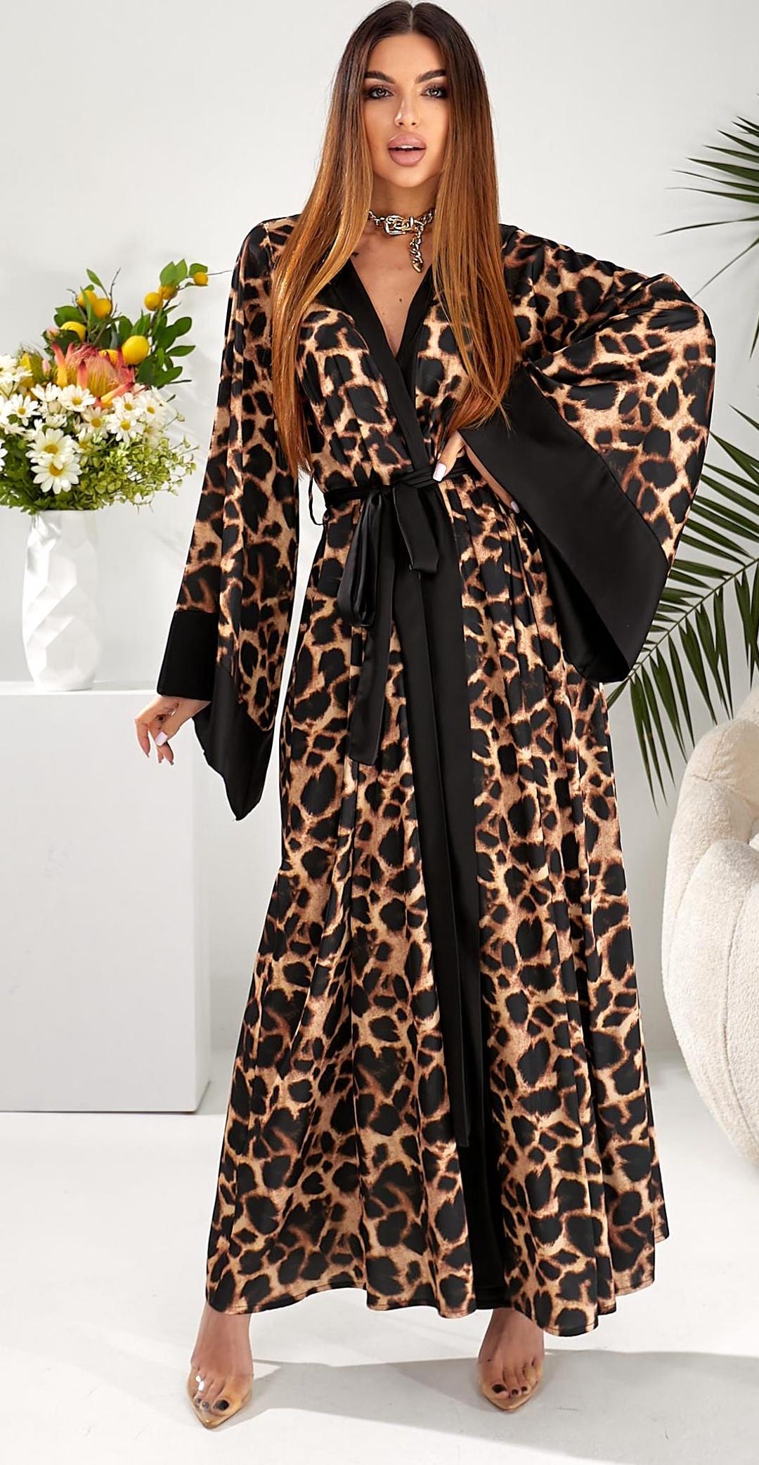 Leopard Kimono Robe - Long Satin Floor-length Dressing Gown, Bridesmaid ...