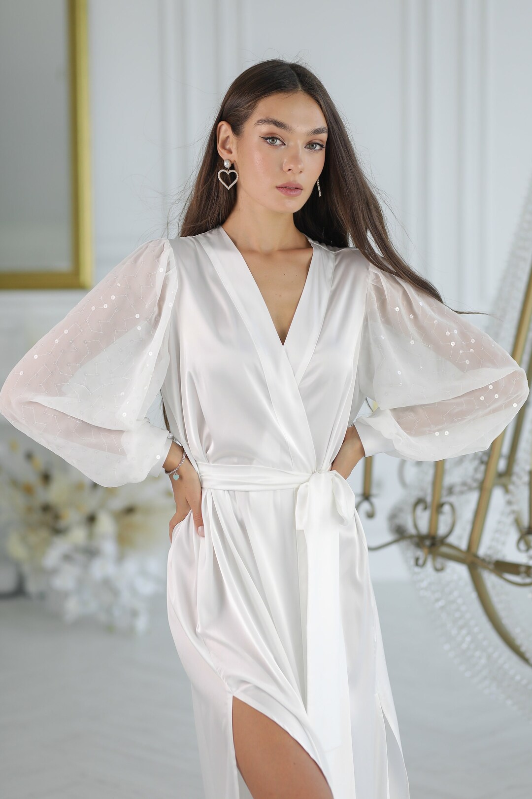 White Bridal Robe, Lace Bridal Robe, Bride Robe for Wedding Day Long ...