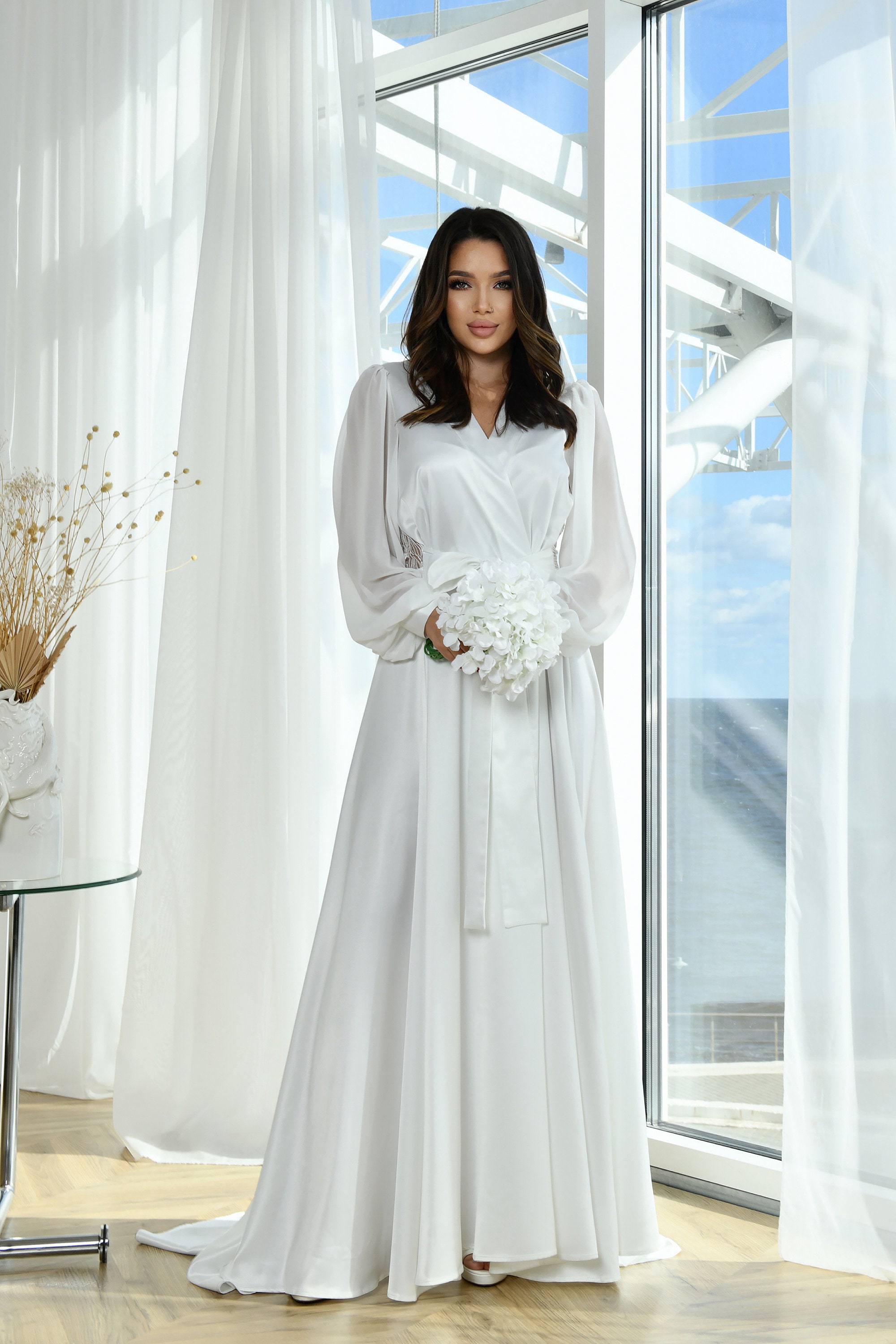Long Silk Robe, Bridal Robe for Bride With Train, Lace Bridal Robe ...