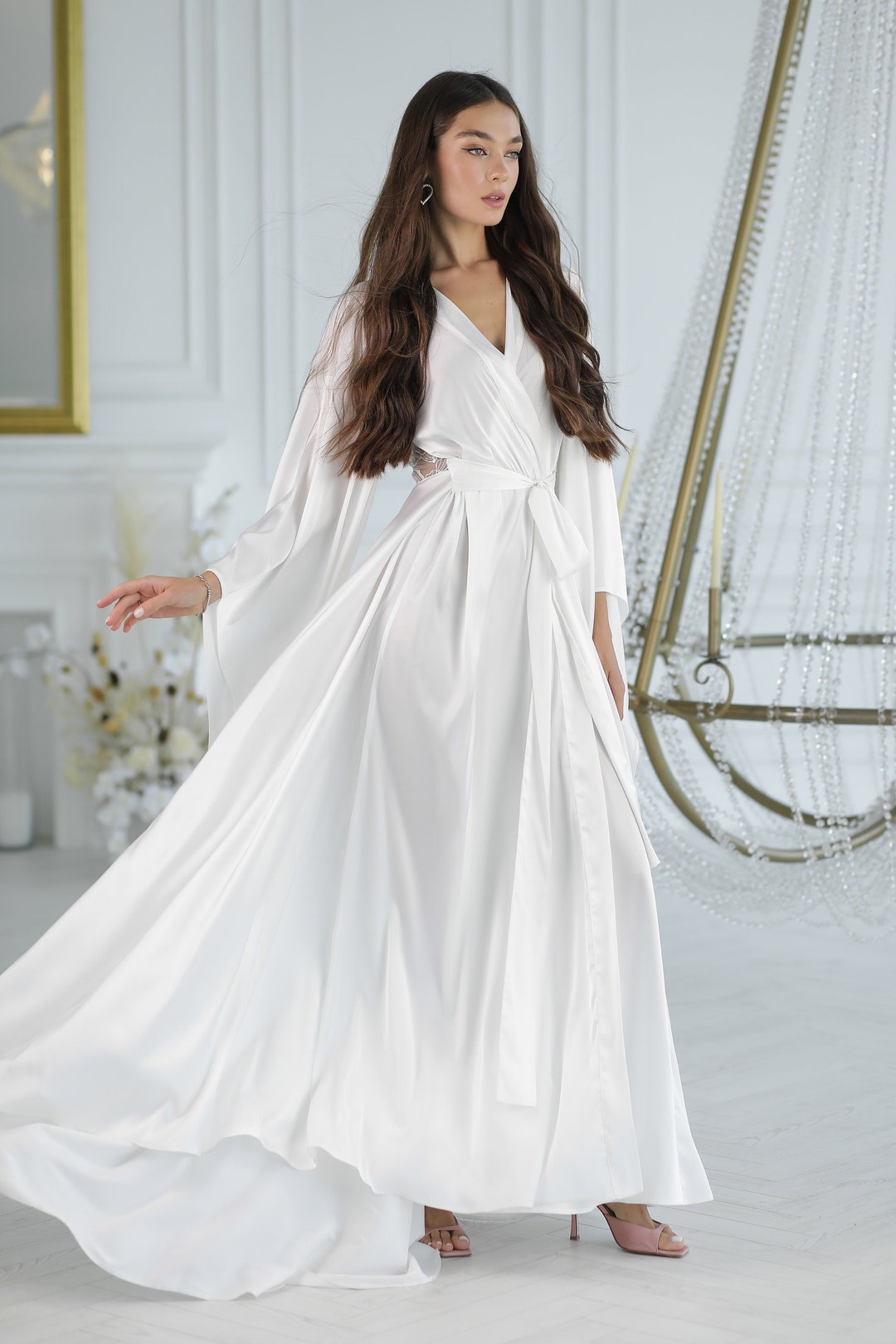 White Bride Robe With Train, Bridal Robes, Maxi Wedding Robe, Long Lace ...