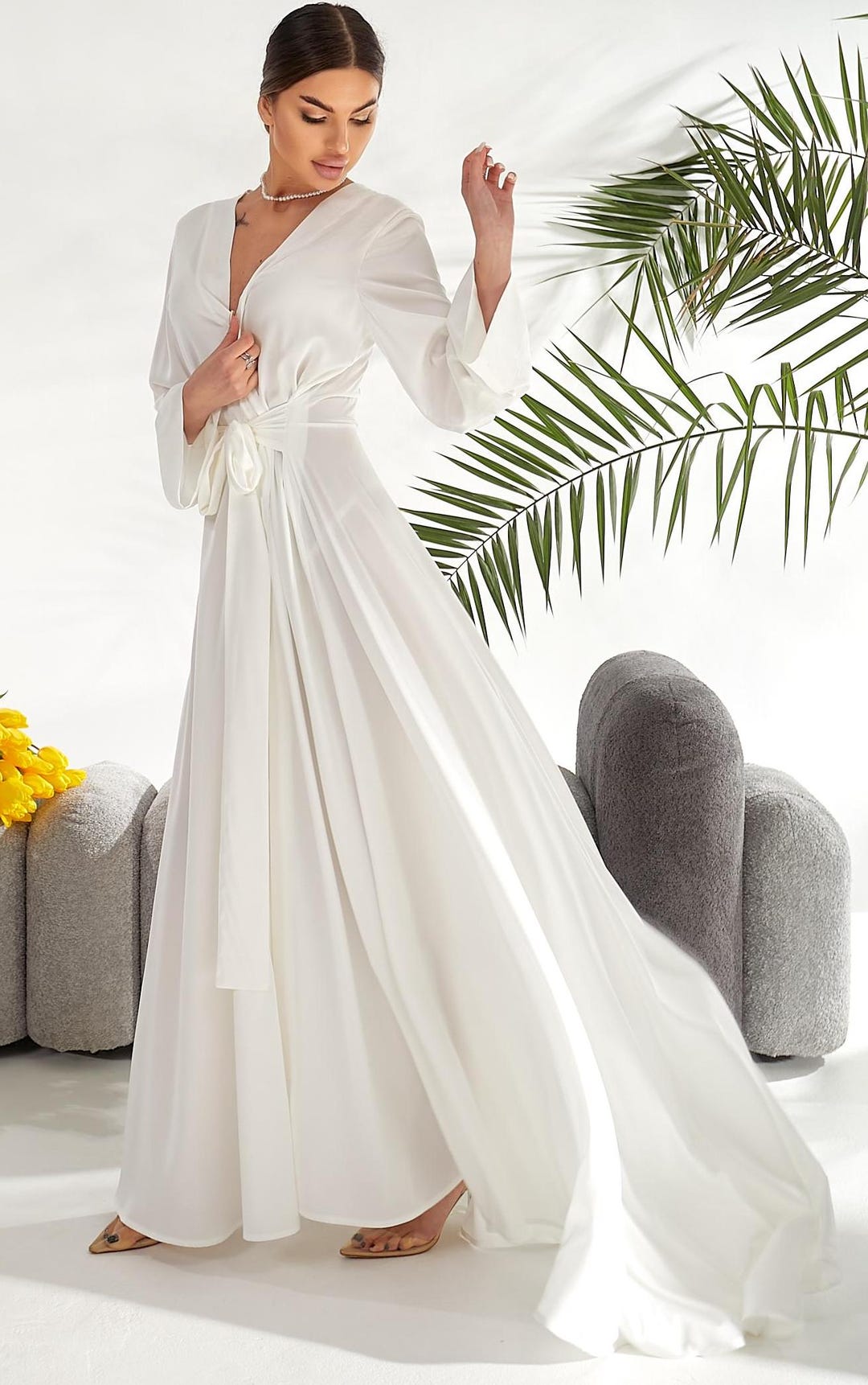 Long Silk Bride Robe, White Satin Bridal Robe, Floor Length Bridal ...