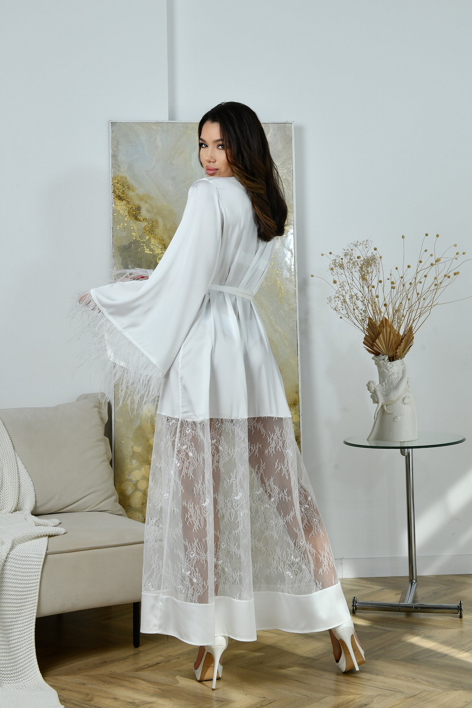 Lace Bridal Robe, Bridal Kimono Robe, Bride Boudoir Robe, Wedding Day ...