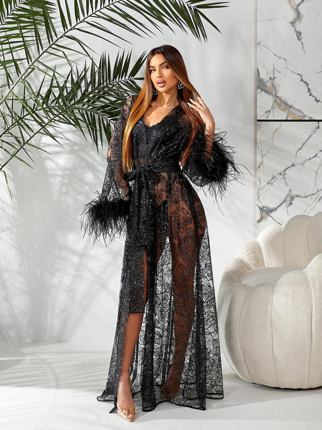 Lace Bridal Robe, Bridal Robe: Shiny White Boudoir Robe With Feathered ...