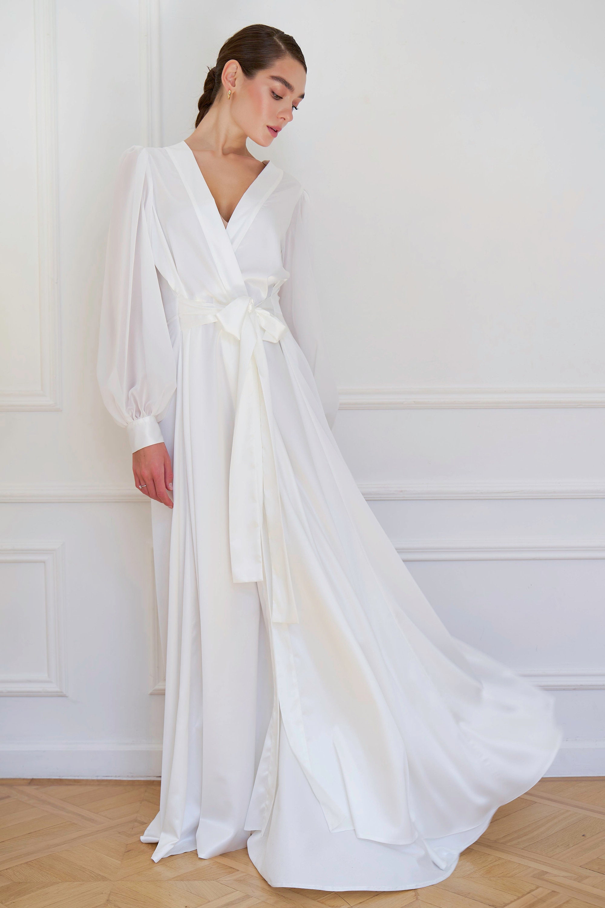 Long Silk Robe White Bridal Robe Wedding Dressing Gown Bridal - Etsy