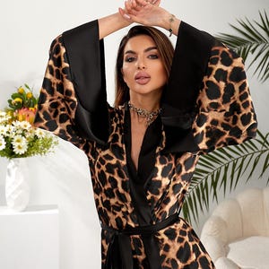 Leopard Kimono Robe - Long Satin Floor-length Dressing Gown, Bridesmaid ...