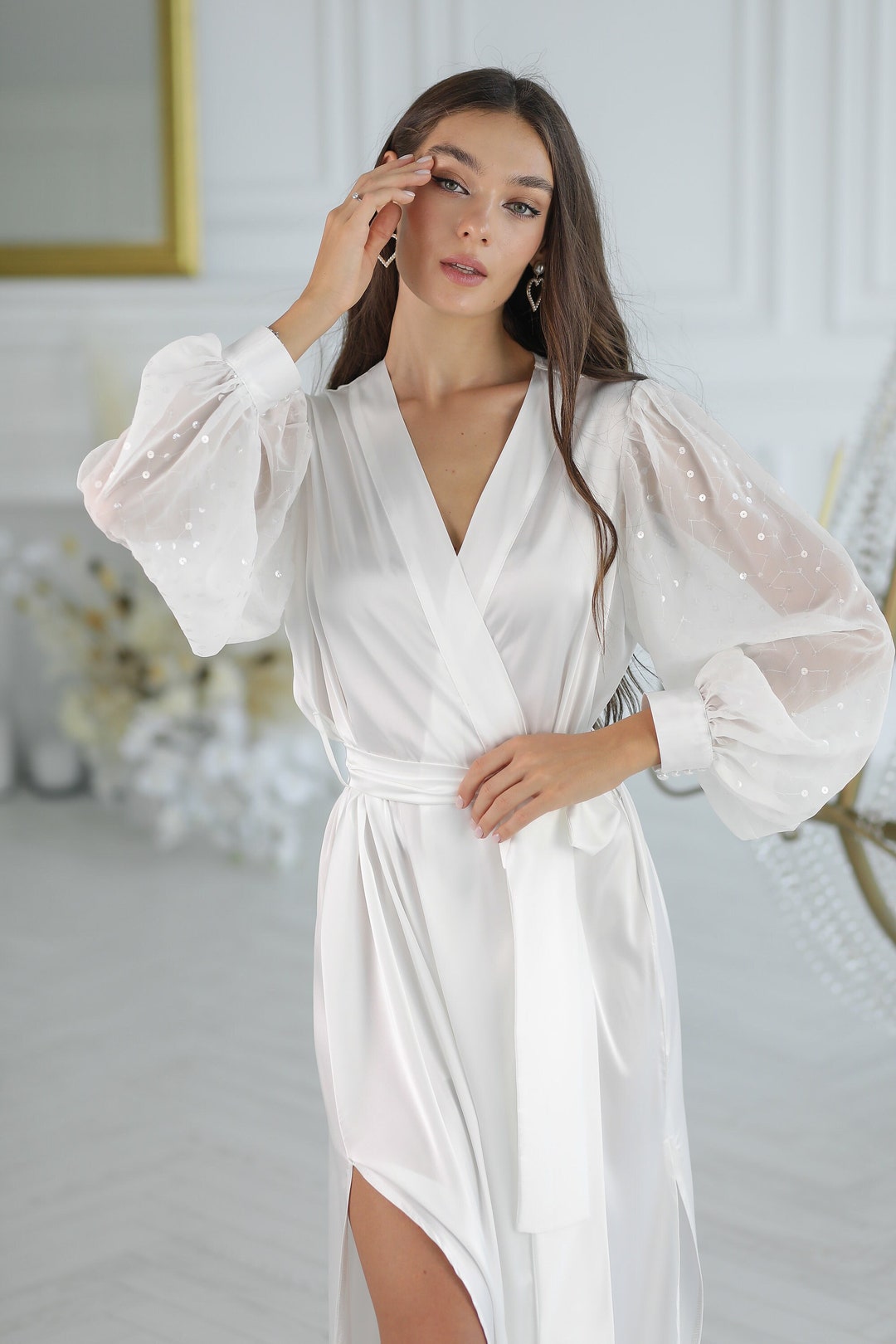 Long Silk Robe Bride Robe for Wedding Day Robe With Pearls White ...