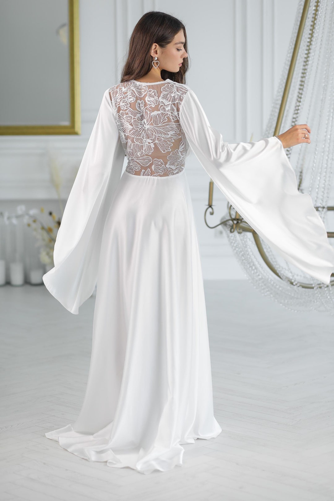 Long Bride Robe, White Boudoir Robe Lace, Bride to Be Robe, Luxury ...