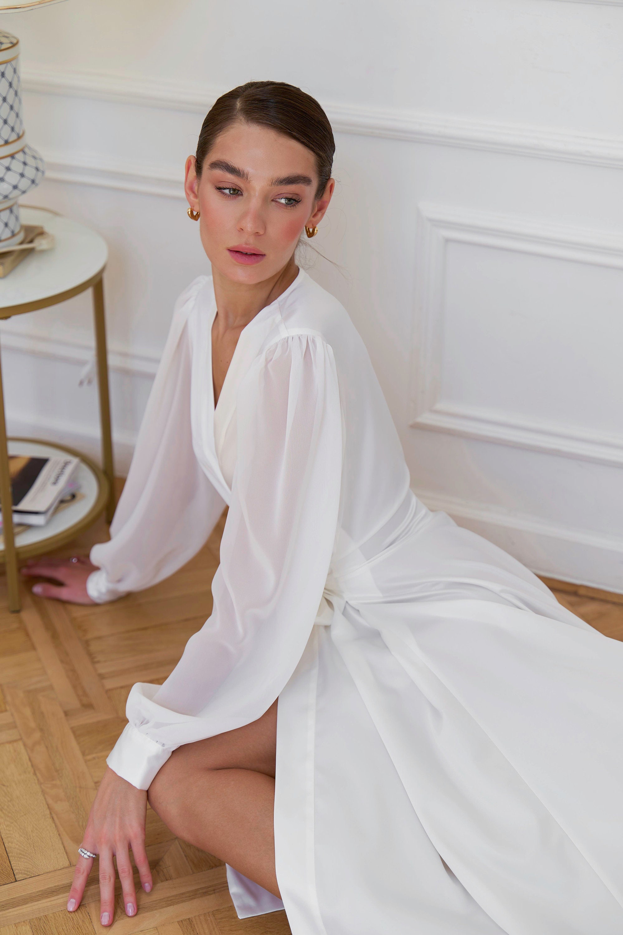 White Bridal Robe for Bride Long Bride Robe With Train Wedding Satin ...