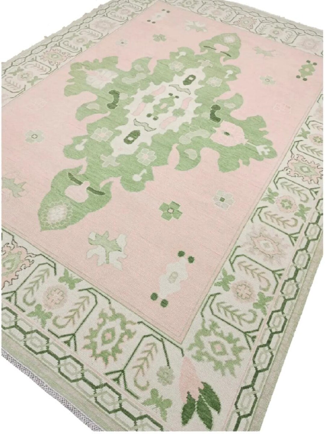 Handmade Pink & Green Oushak Wool Rug – Vintage Turkish Knot - Etsy