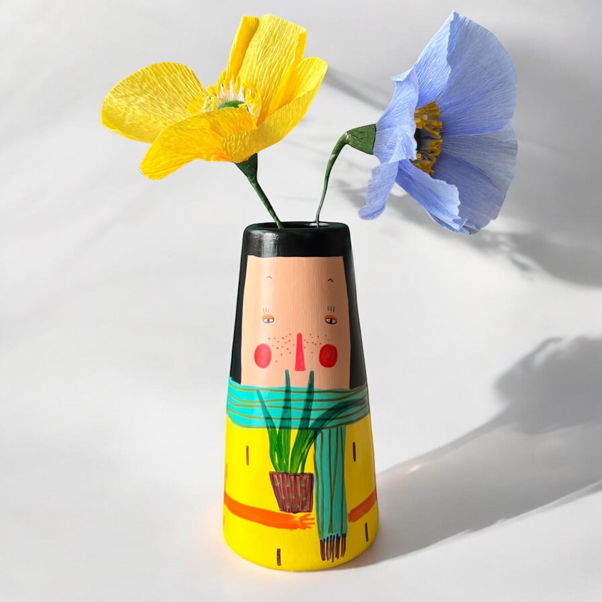 Yellow Ceramic Woman Face Vase , Handpainted Face Ceramic Vase , Unique ...