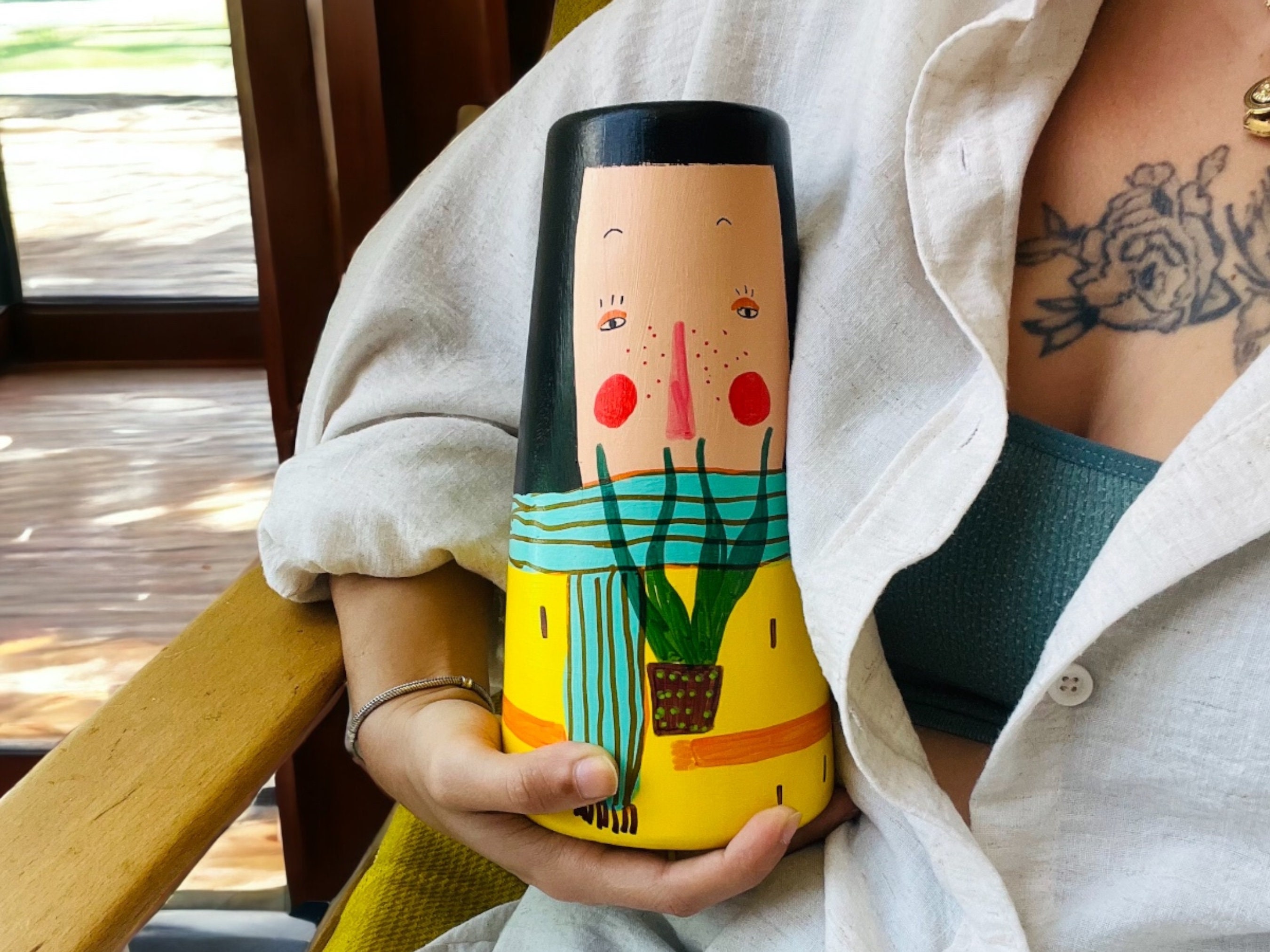 Yellow Ceramic Woman Face Vase , Handpainted Face Ceramic Vase , Unique ...