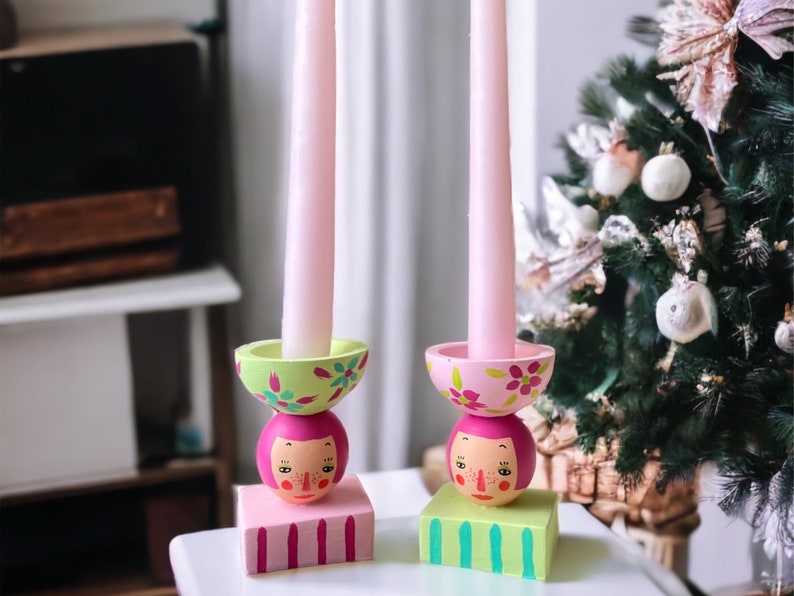 Mathilda Pink Hair Set of 2 Hand-painted Candlestick Woman Face Candle ...