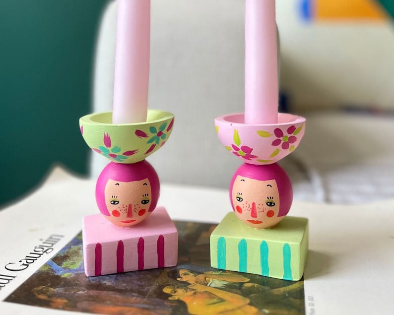 Mathilda Pink Hair Set of 2 Hand-painted Candlestick Woman Face Candle ...