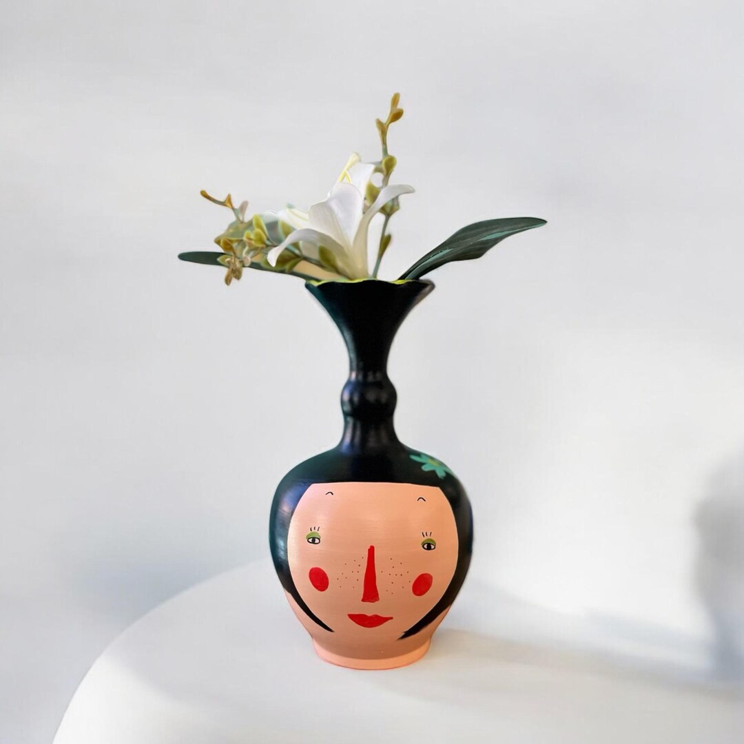 Black Hair Woman Face Ceramic Vase , Hand-painted | Unique , Mathilda ...
