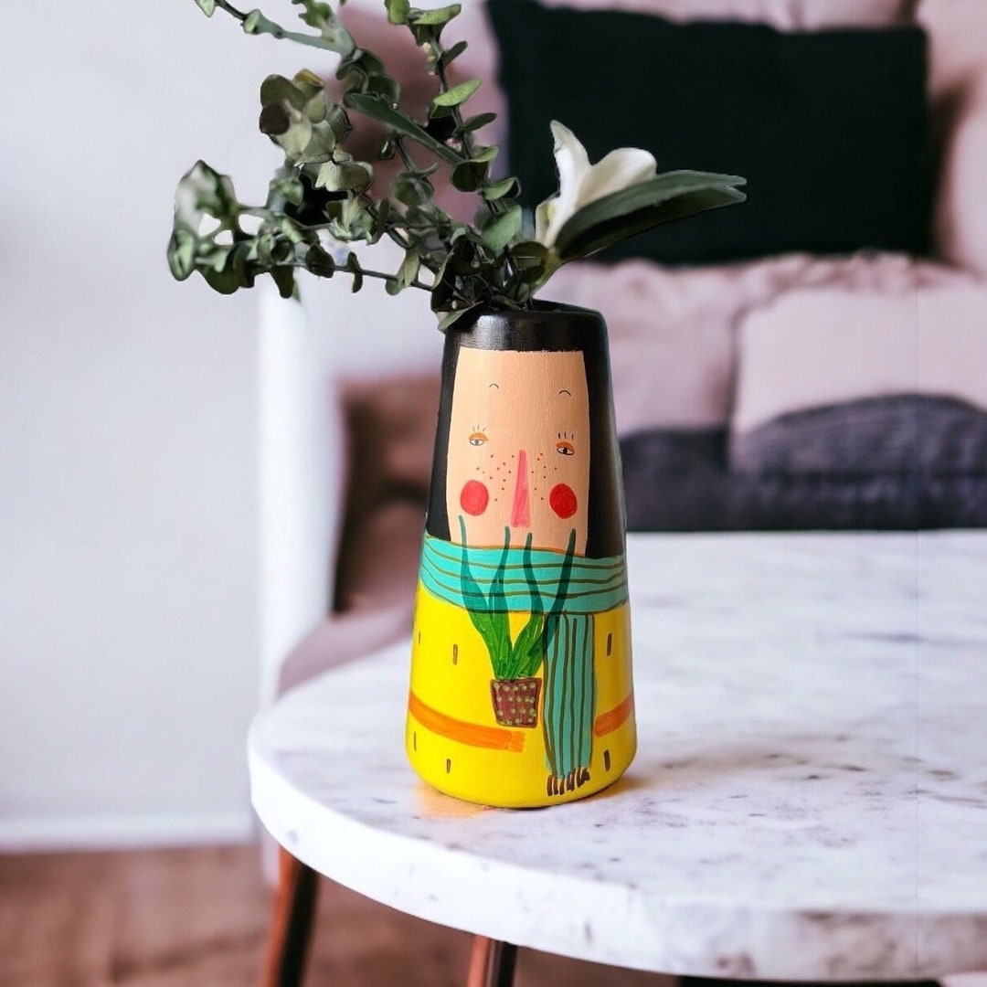 Yellow Ceramic Woman Face Vase , Handpainted Face Ceramic Vase , Unique ...