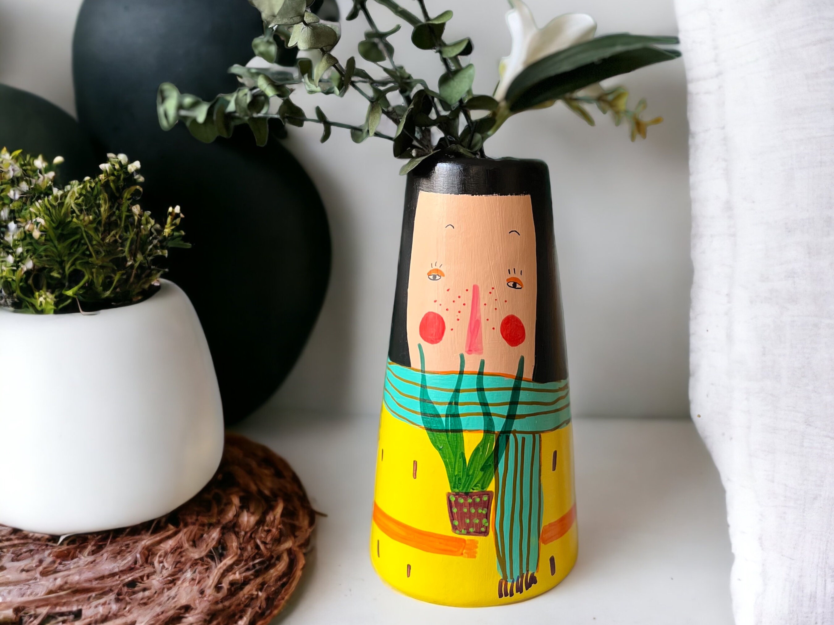 Yellow Ceramic Woman Face Vase , Handpainted Face Ceramic Vase , Unique ...