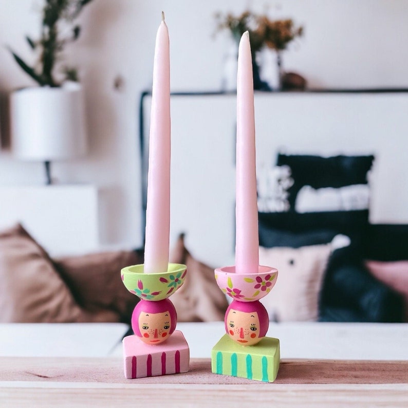 Mathilda Pink Hair Set of 2 Hand-painted Candlestick Woman Face Candle ...
