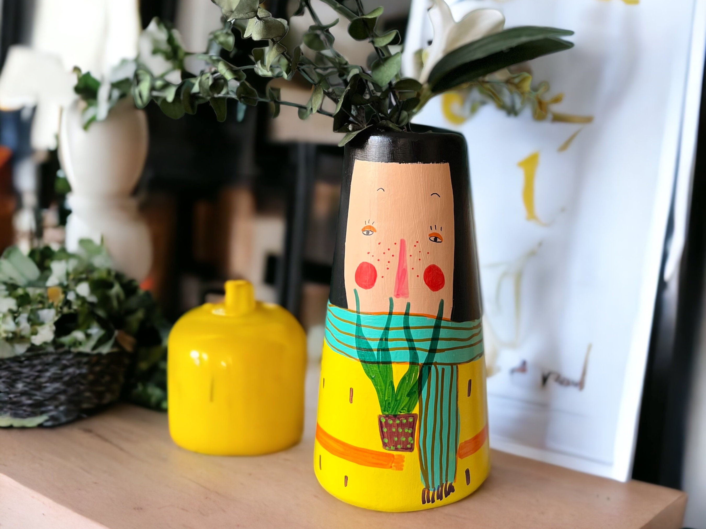 Yellow Ceramic Woman Face Vase , Handpainted Face Ceramic Vase , Unique ...